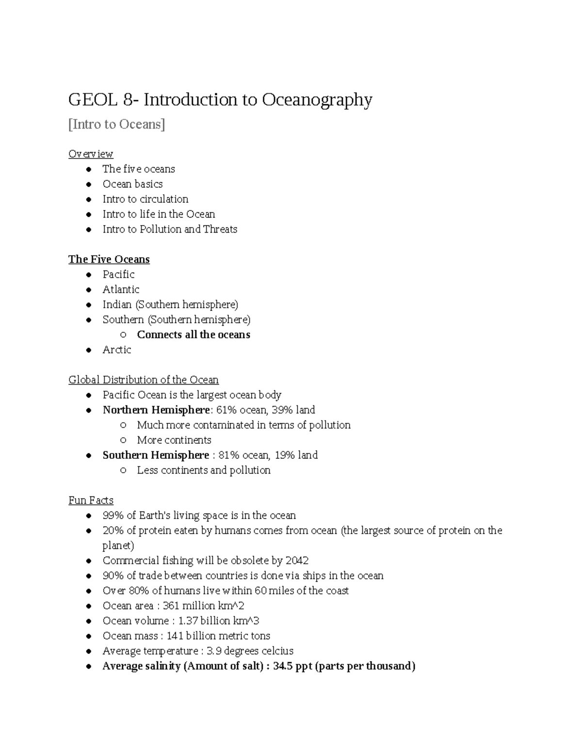 2020 Intro To Oceanography Intro To Oceans Lecture Notes Week2 Geol 8