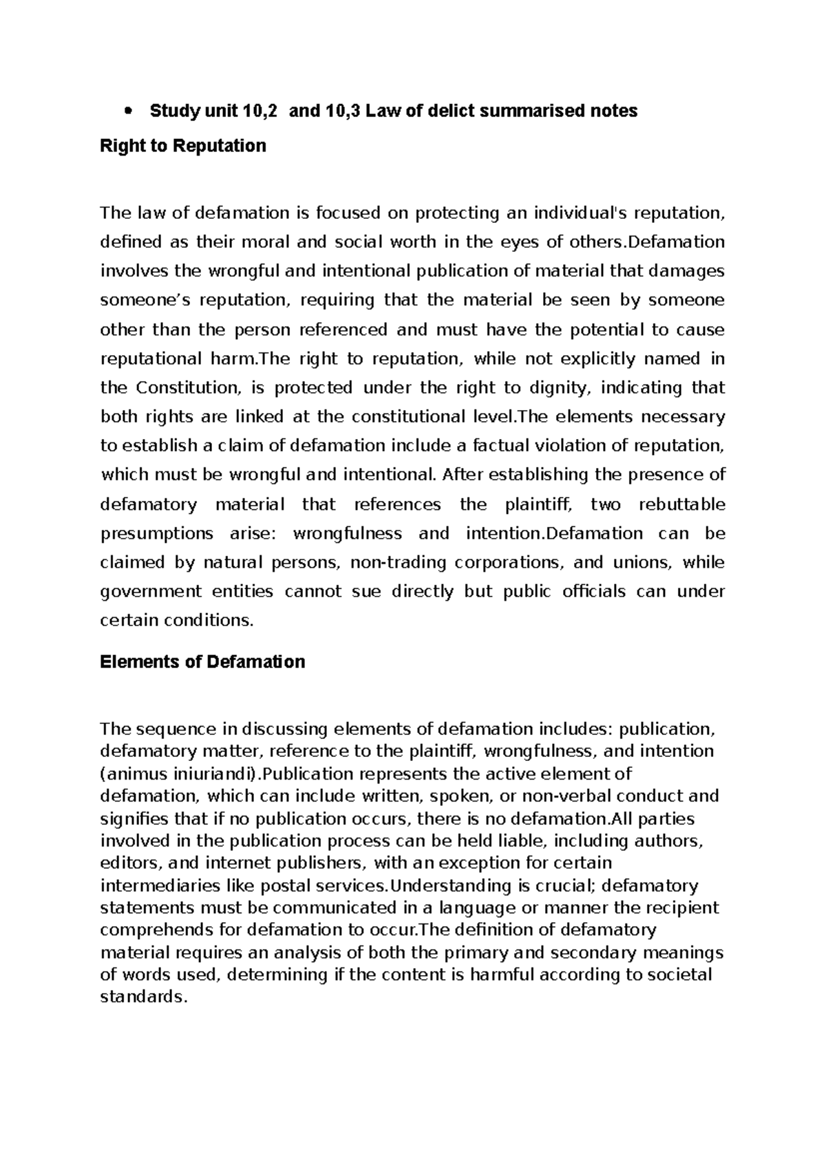 Law of delict - Can always refer to the textbook as well. Summarised ...