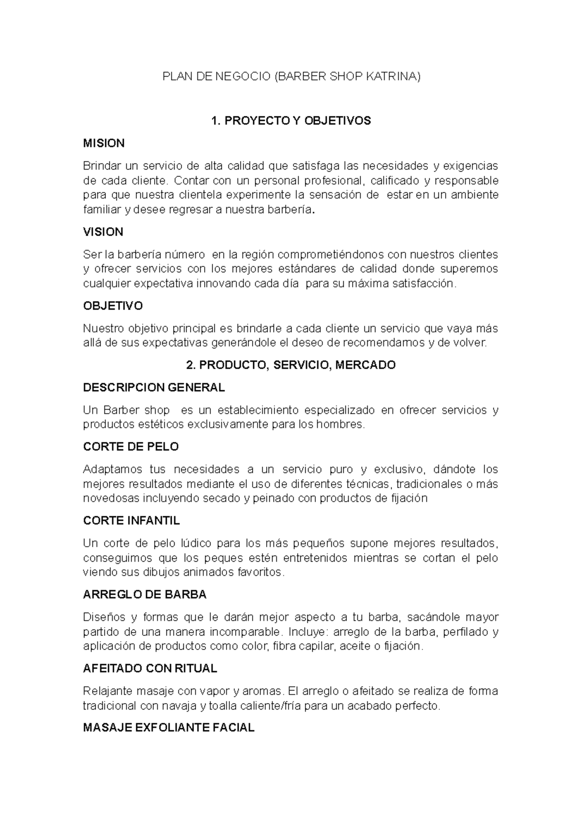 PLAN DE Negocio - PLAN DE NEGOCIO (BARBER SHOP KATRINA) 1. PROYECTO Y ...