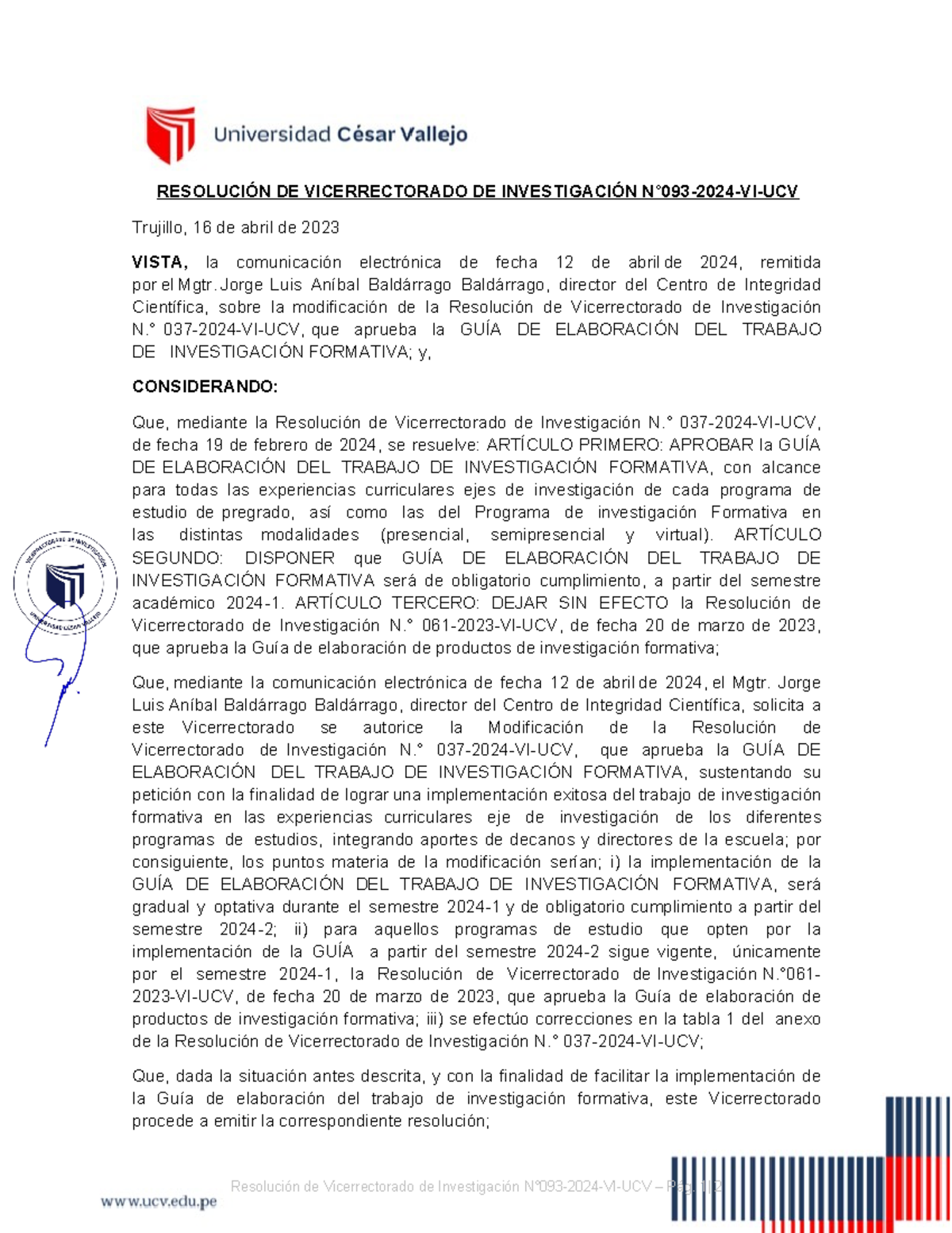 RVI N°093-2024-VI-UCV Deja sin efecto RVI N°037-2024, aprueba Guía ...