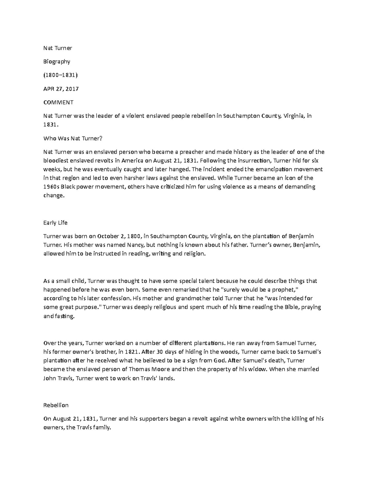 Nat Turner - Popular culture history - Nat Turner Biography (1800–1831 ...