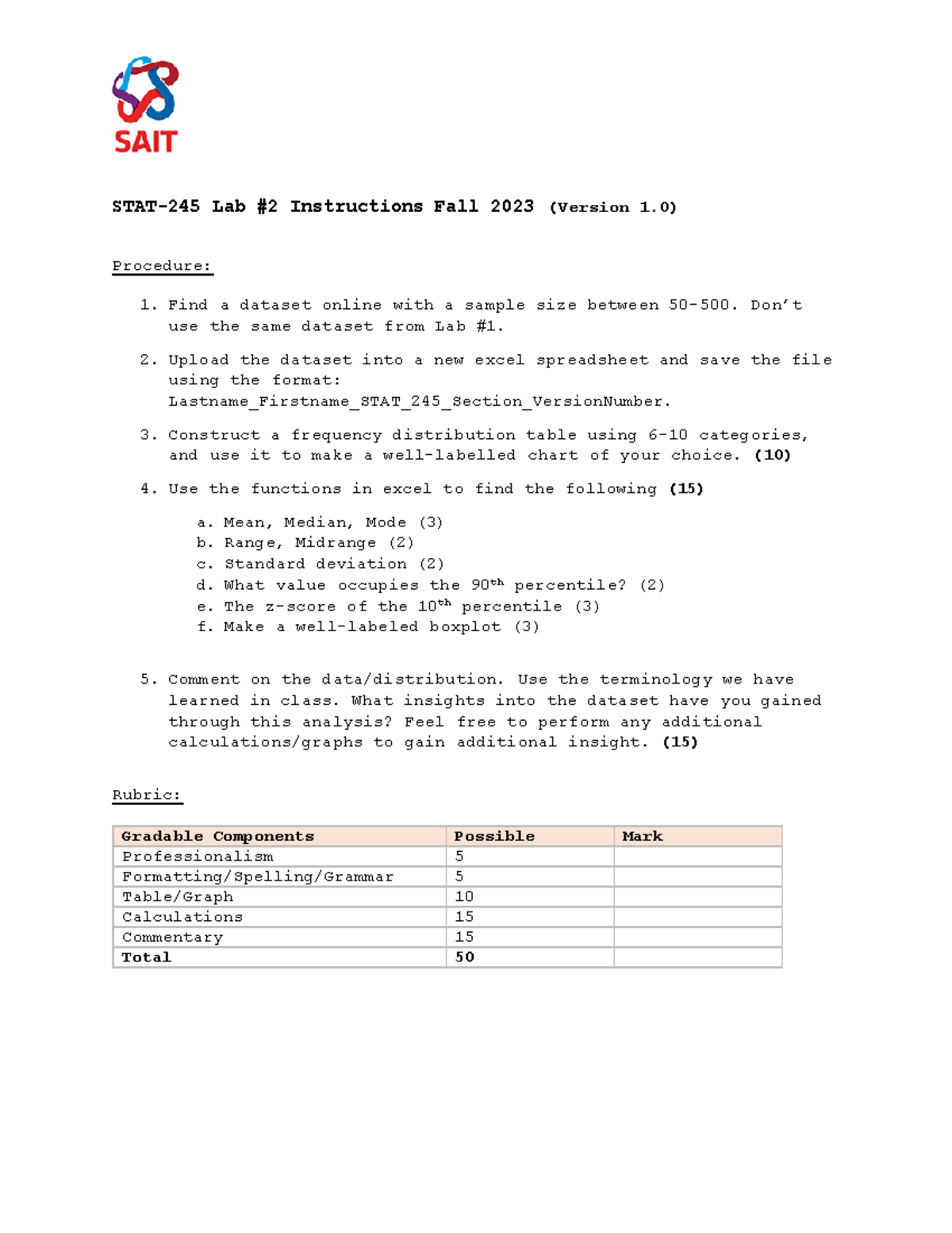 STAT245 LAB2 Instructions Rubric v1 - STAT-245 Lab #2 Instructions Fall 2023 (Version 1 ...