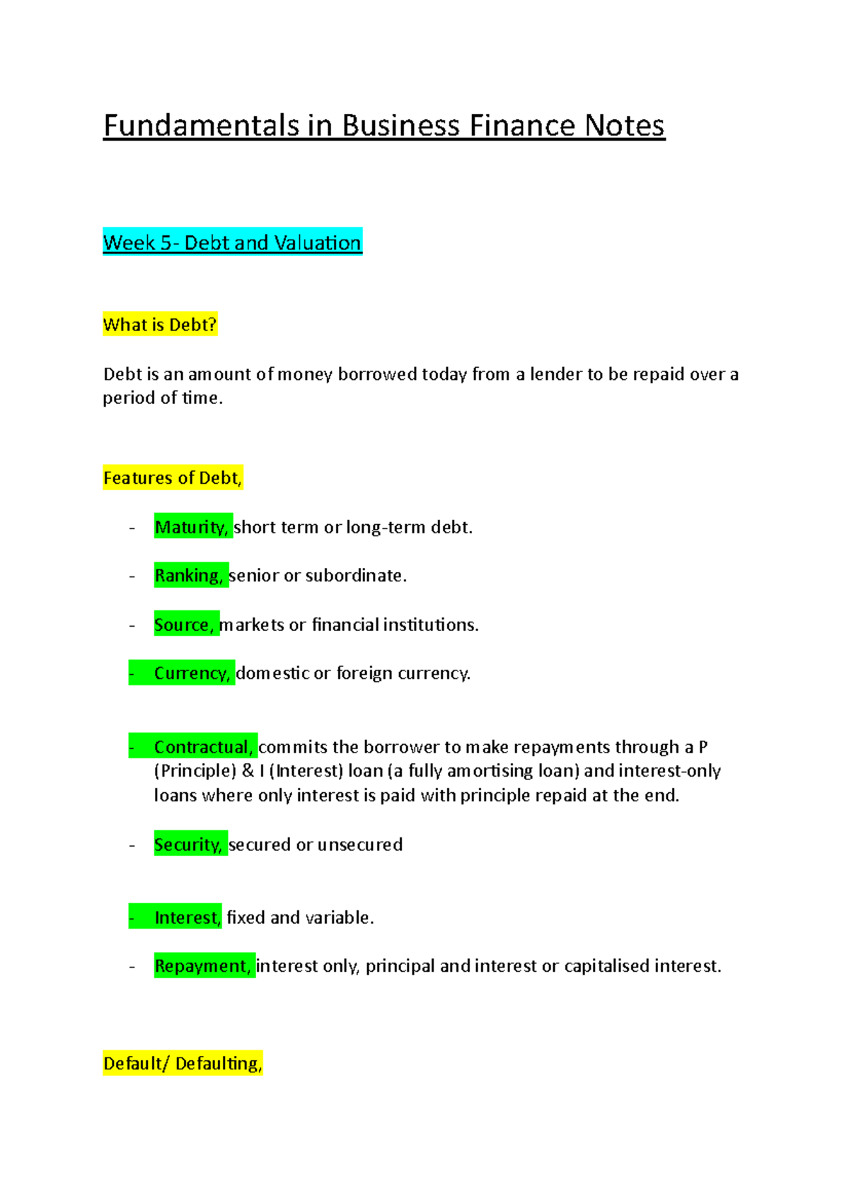 Fundamentals in Business Finance Notes Week 5 - Features of Debt ...
