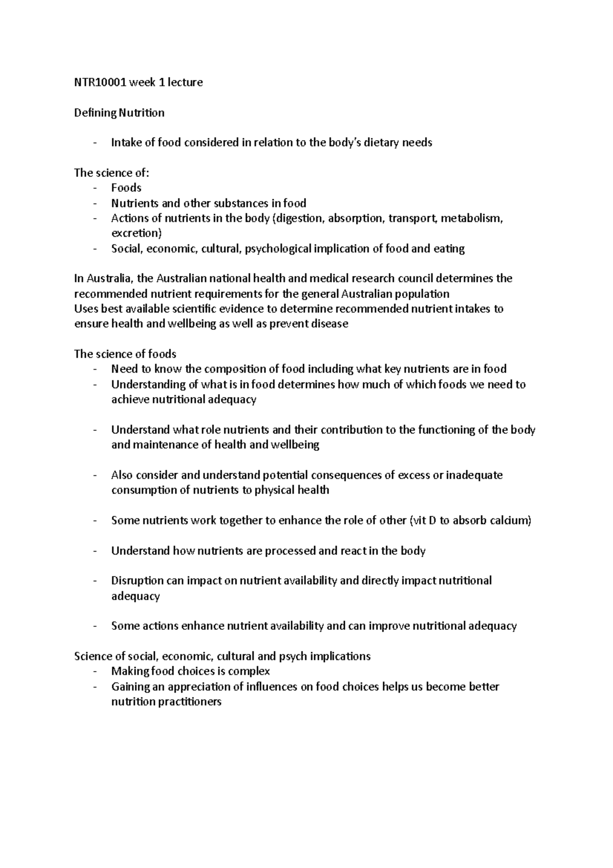 NTR10001 week 1 lecture - NTR10001 week 1 lecture Defining Nutrition ...