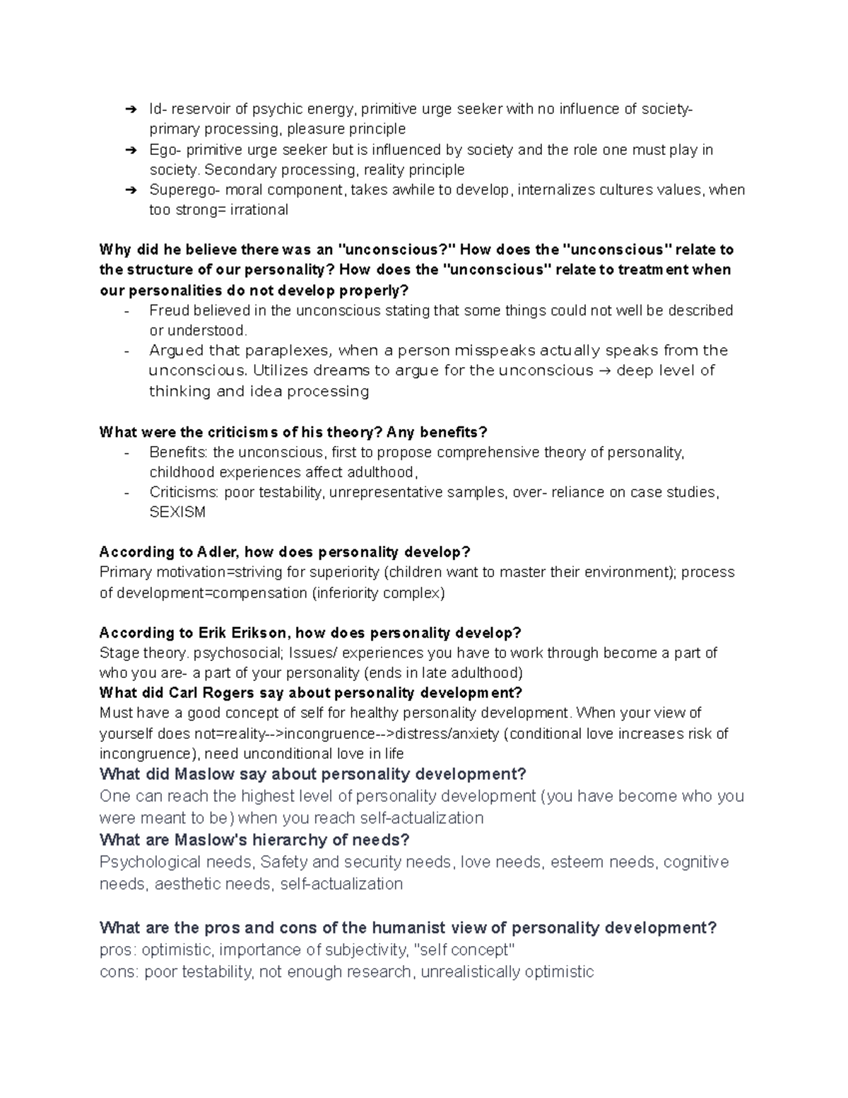 final exam prep notes - Id- reservoir of psychic energy, primitive urge ...