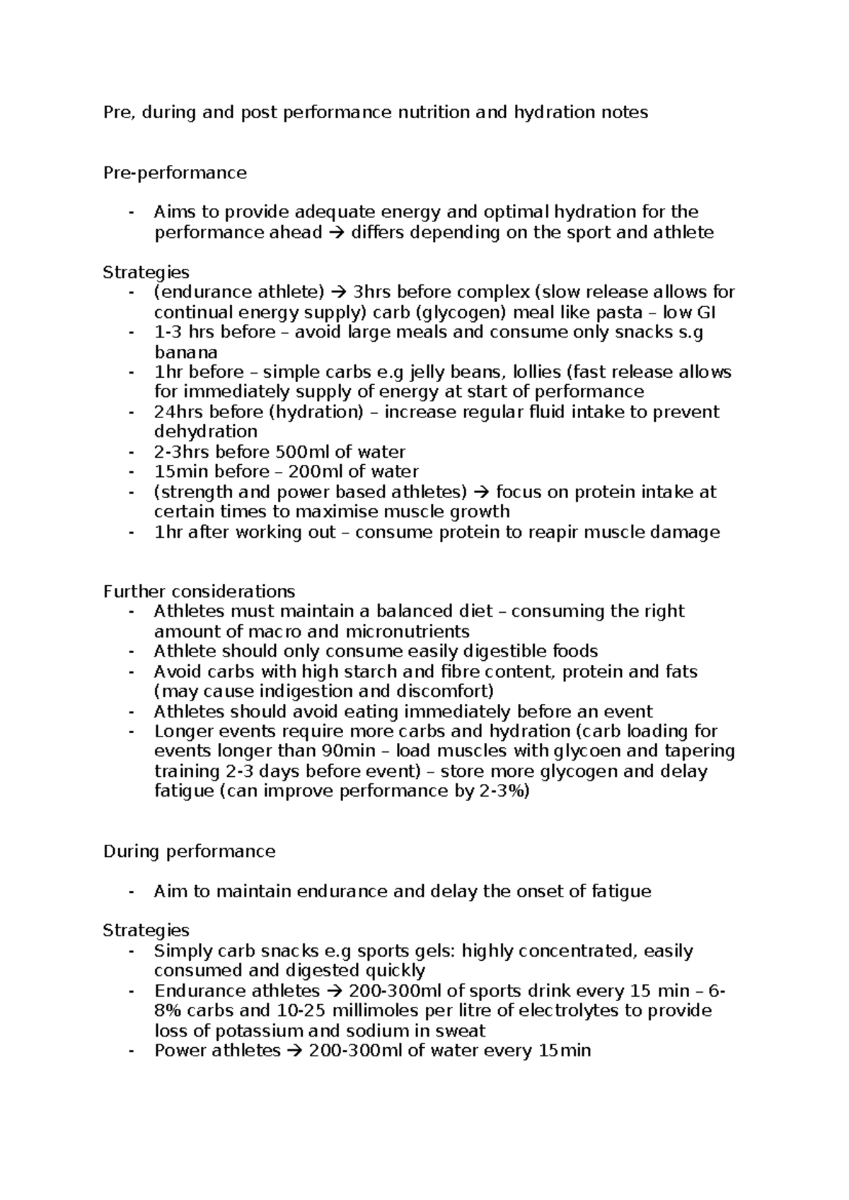Pre, during and post performance nutrition and hydration - Studocu