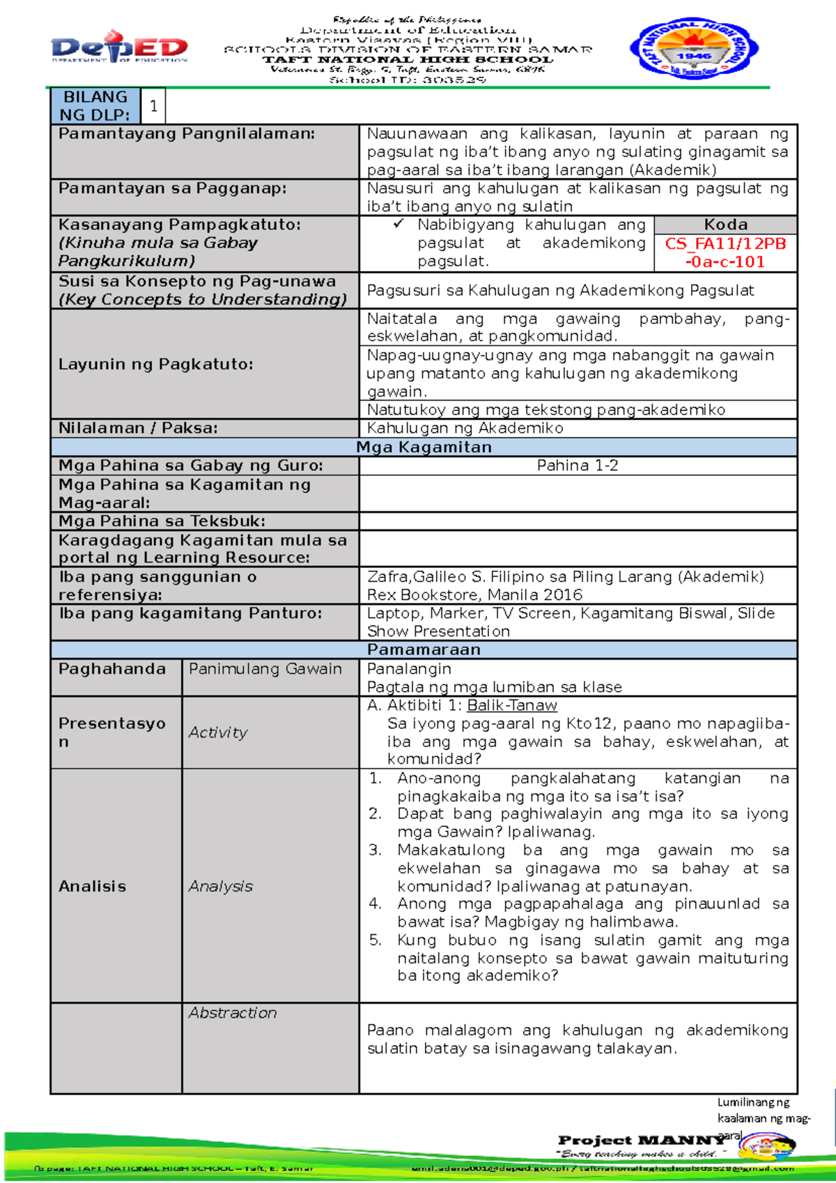 Bilang NG DLP 1 - Adyenda - BILANG NG DLP: 1 Pamantayang Pangnilalaman: Nauunawaan ang kalikasan ...