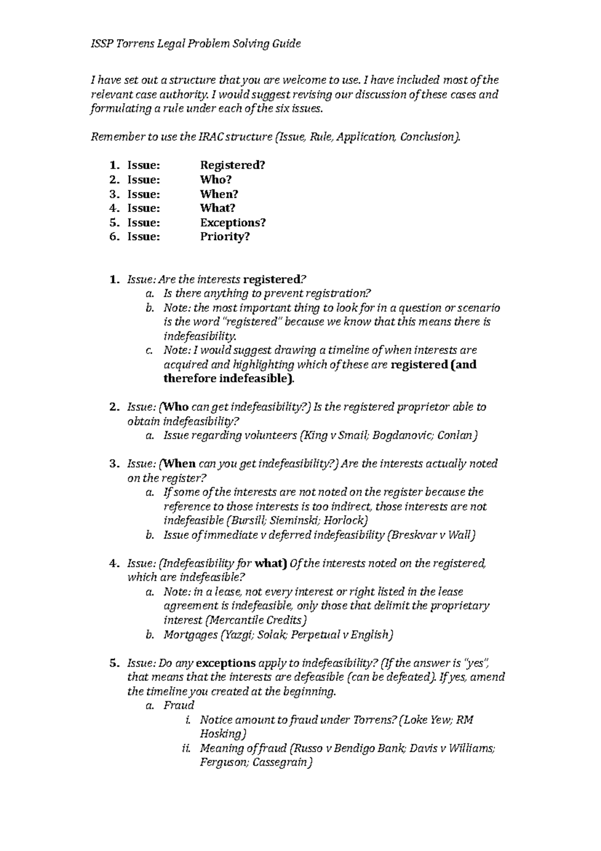 Torrens Legal Problem Solving Guide - I have included most of the ...