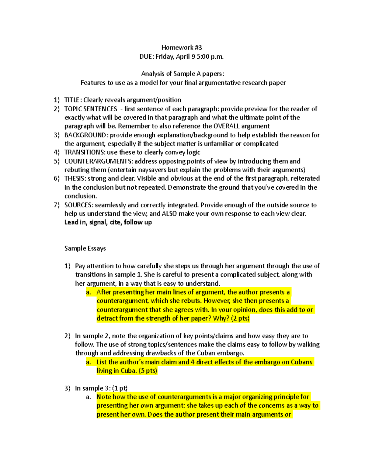 English 211C Homework #3 - Homework # DUE: Friday, April 9 5:00 p. Analysis of Sample A papers ...