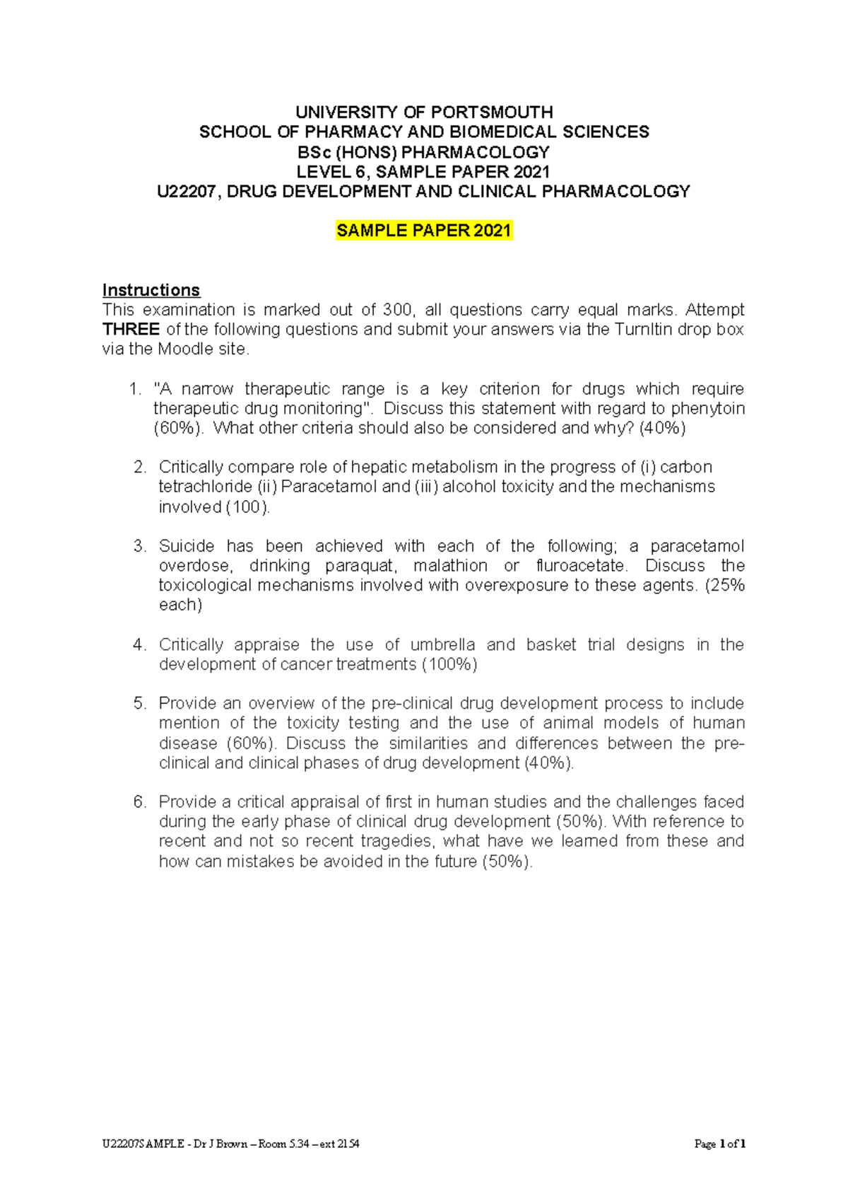 U22207 DDCP Sample Paper 2021 - UNIVERSITY OF PORTSMOUTH SCHOOL OF ...