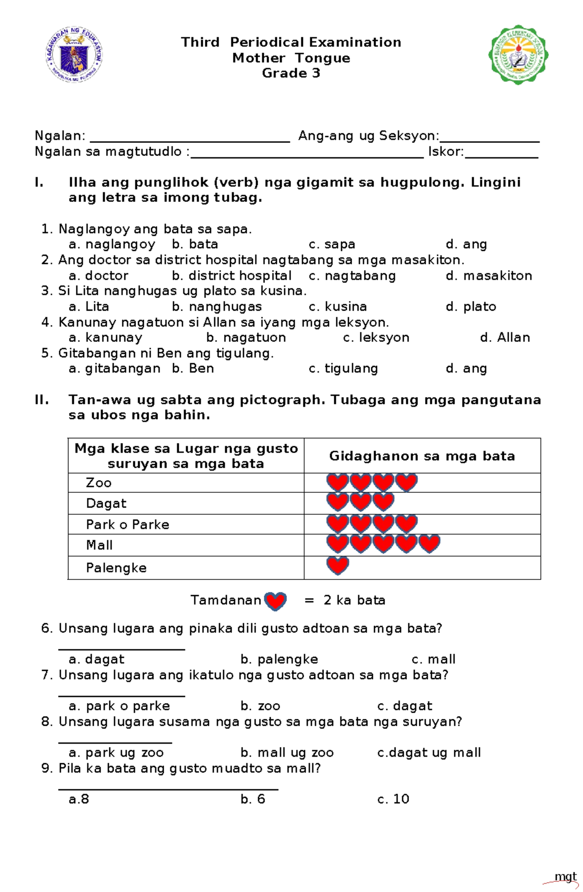 3rd Quarter TEST MTB Grade 3 - Third Periodical Examination Mother ...