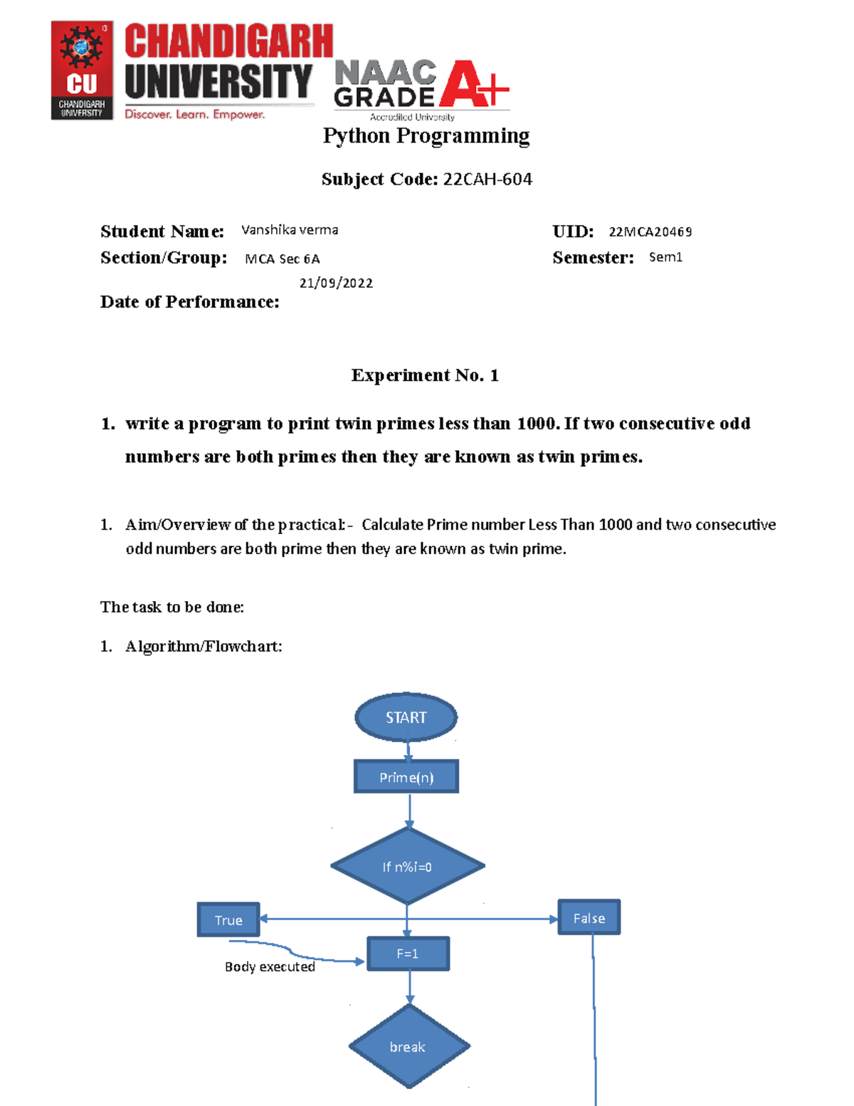 Worksheet 1.1 format - Python Programming Subject Code: 22CAH- Student Name: UID: Section/Group ...