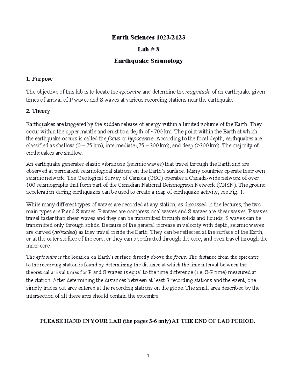 ES 1023-2123- Lab 8 Earthquake Seismology - Earth Sciences 1023/ Lab ...