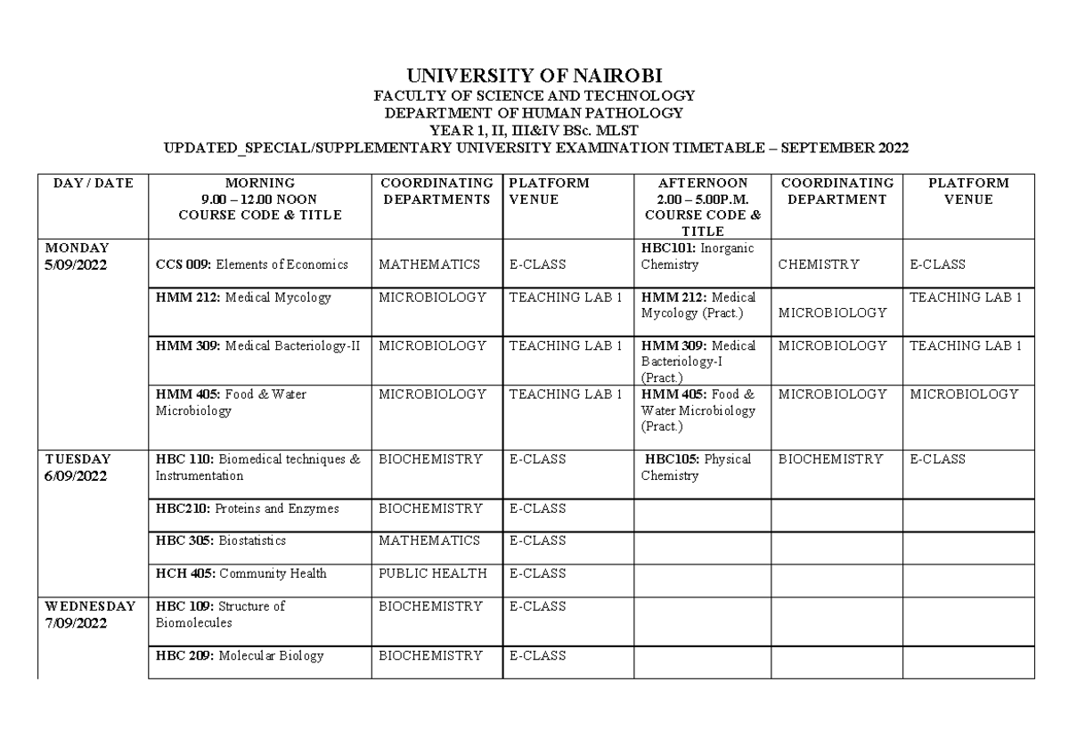 Updated MLST 1 II III IV Supplementary EXAM Timetable August 2022 ...