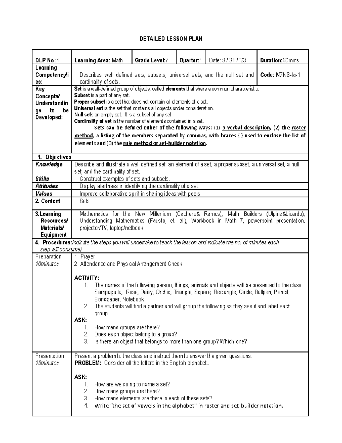 Dlp1 math7q1 - Ghhbvkkk - DETAILED LESSON PLAN DLP No.: 1 Learning Area ...