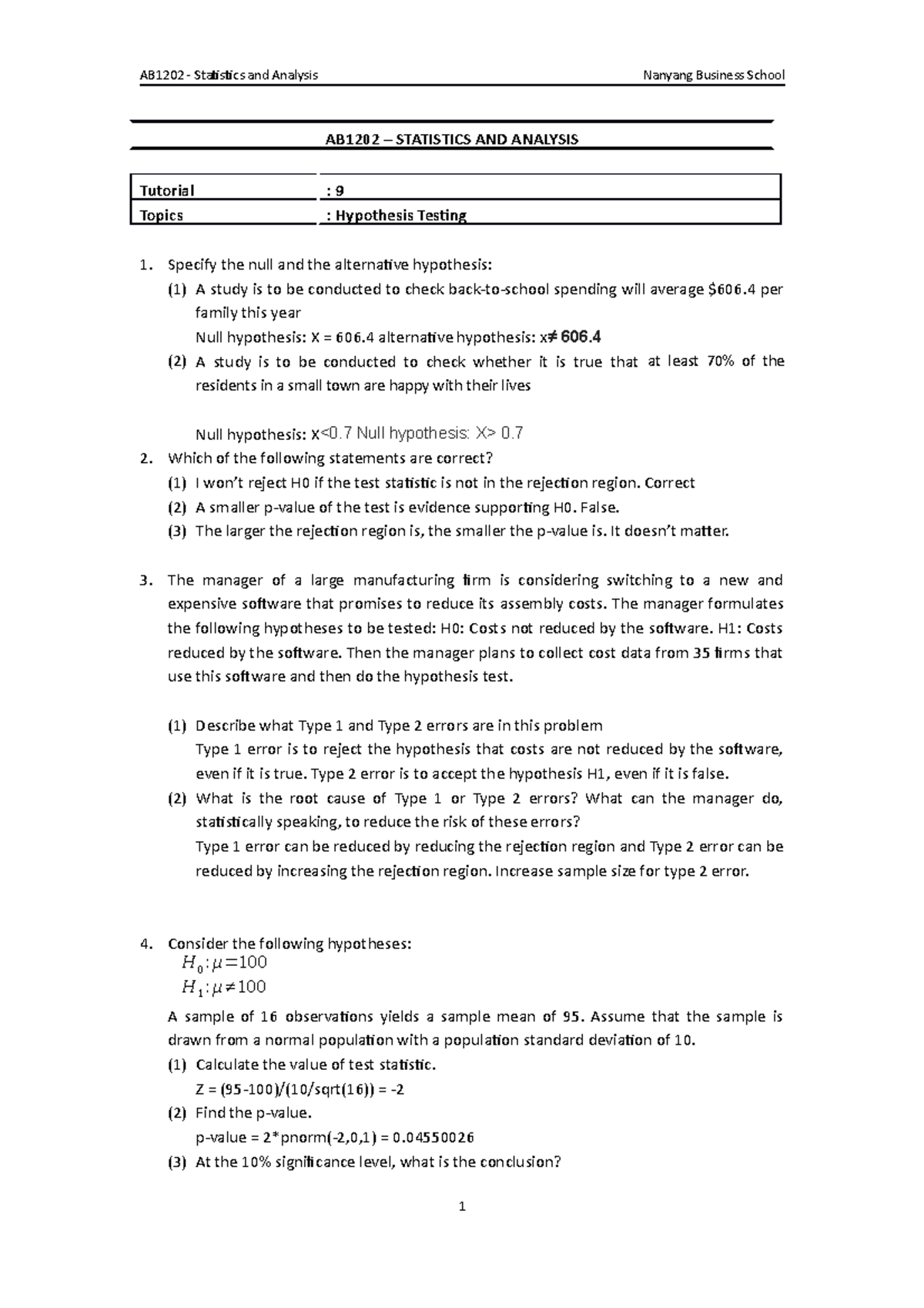 AB1202 Tutorial qns week 9 - AB1202 – STATISTICS AND ANALYSIS Tutorial ...