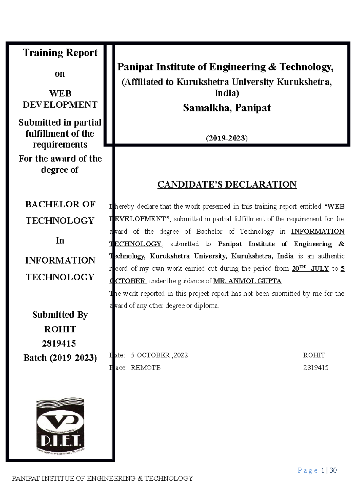 Report Format Rohit - Training Report on WEB DEVELOPMENT Submitted in ...