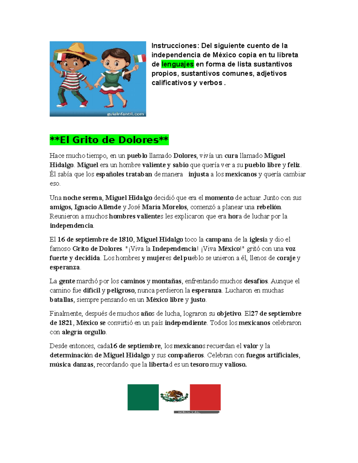 Mexico Independencia - Instrucciones: Del siguiente cuento de la ...