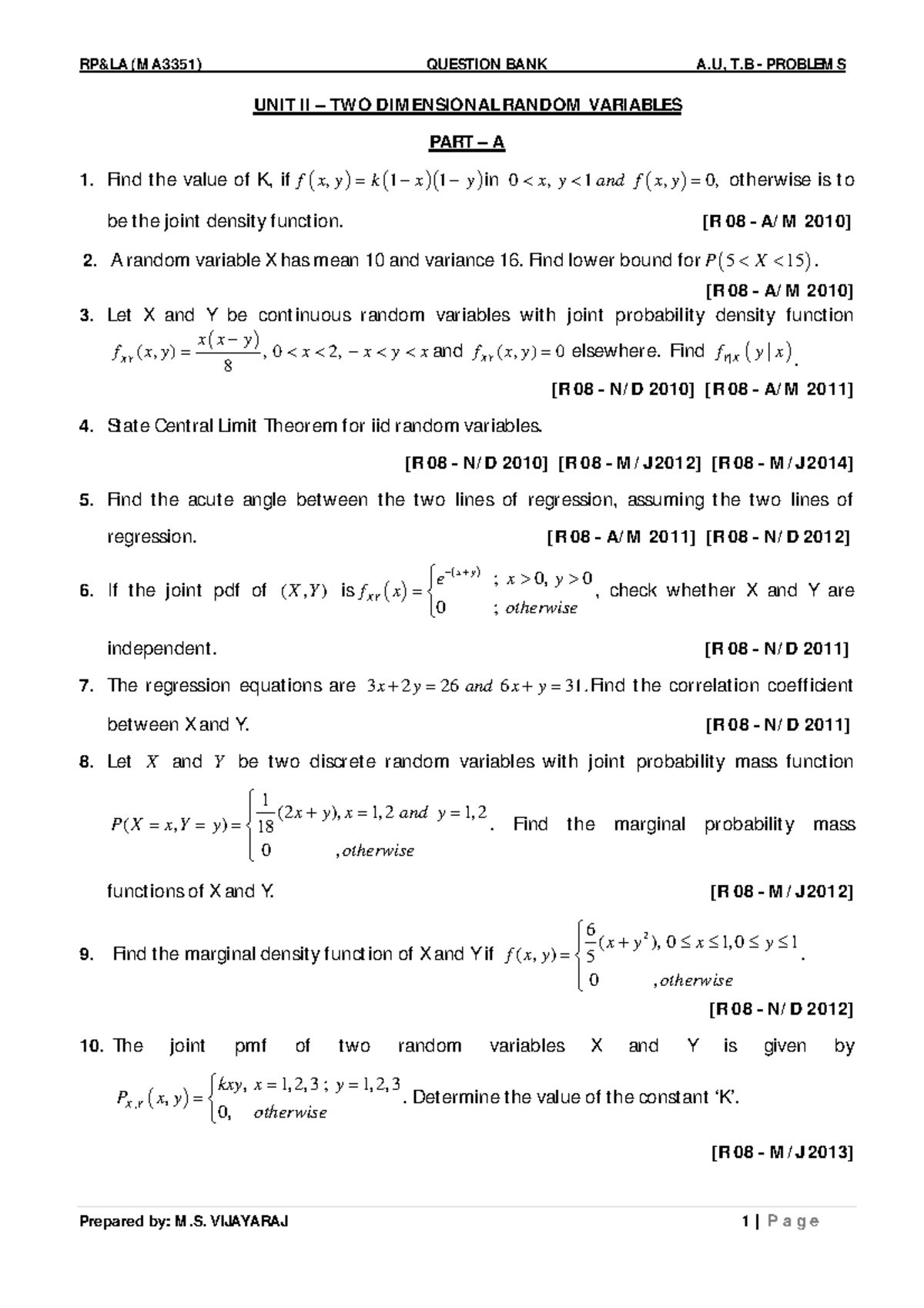 Unit II - RPLA QB - (2024) Students Copy - ####### UNIT II – TWO DIMENSIONAL RANDOM VARIABLES ...