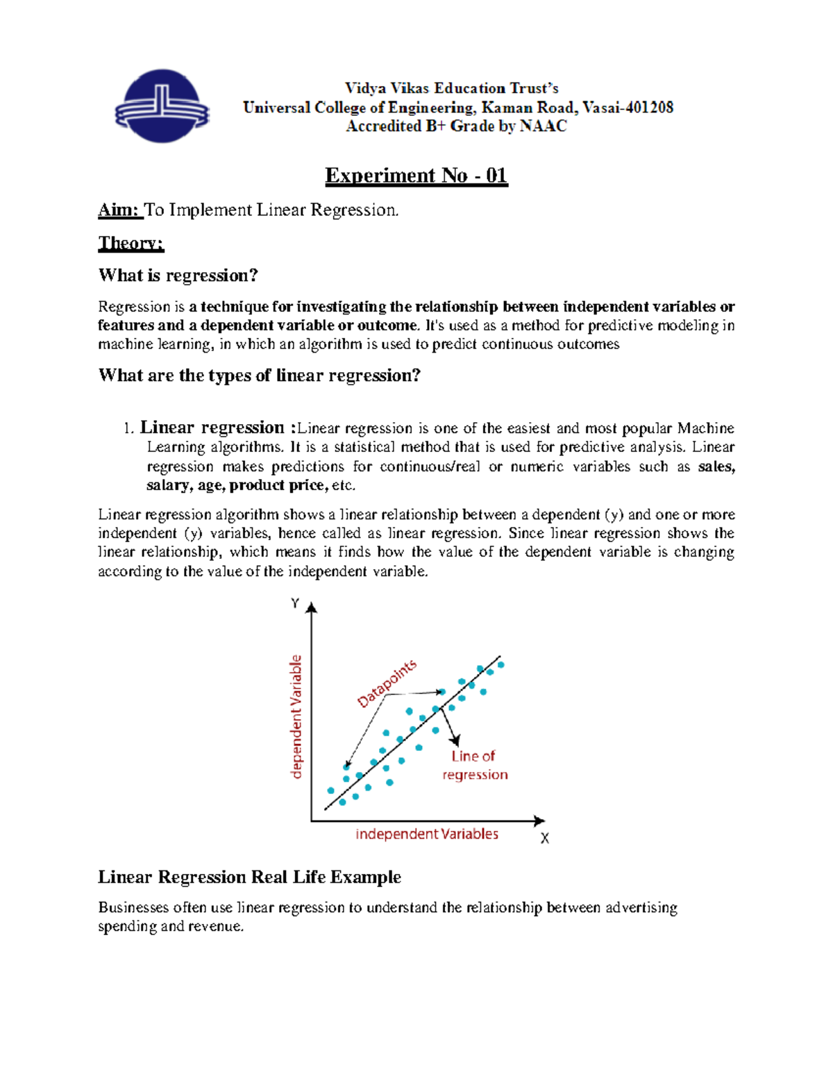 machine learning exp 1 - Experiment No - 01 Aim: To Implement Linear ...