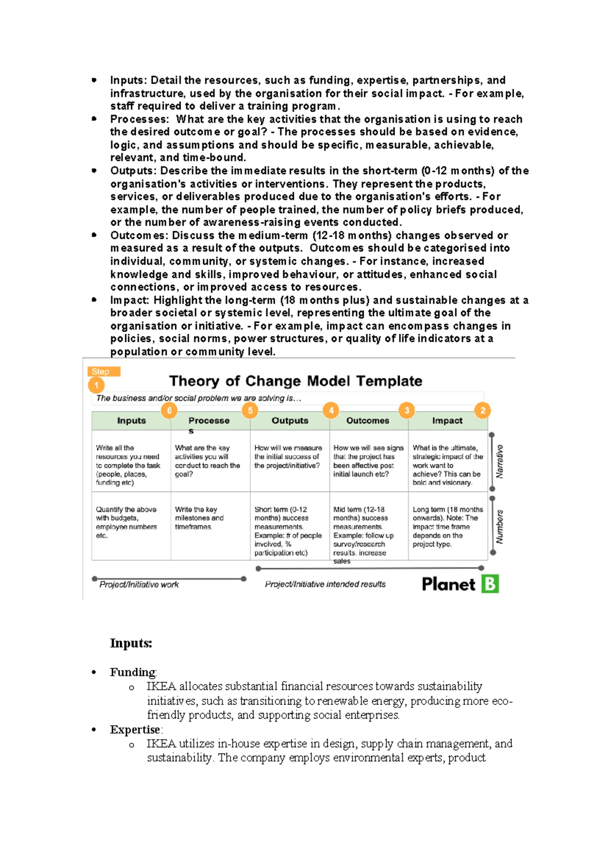 Theory of change - Inputs: Detail the resources, such as funding ...