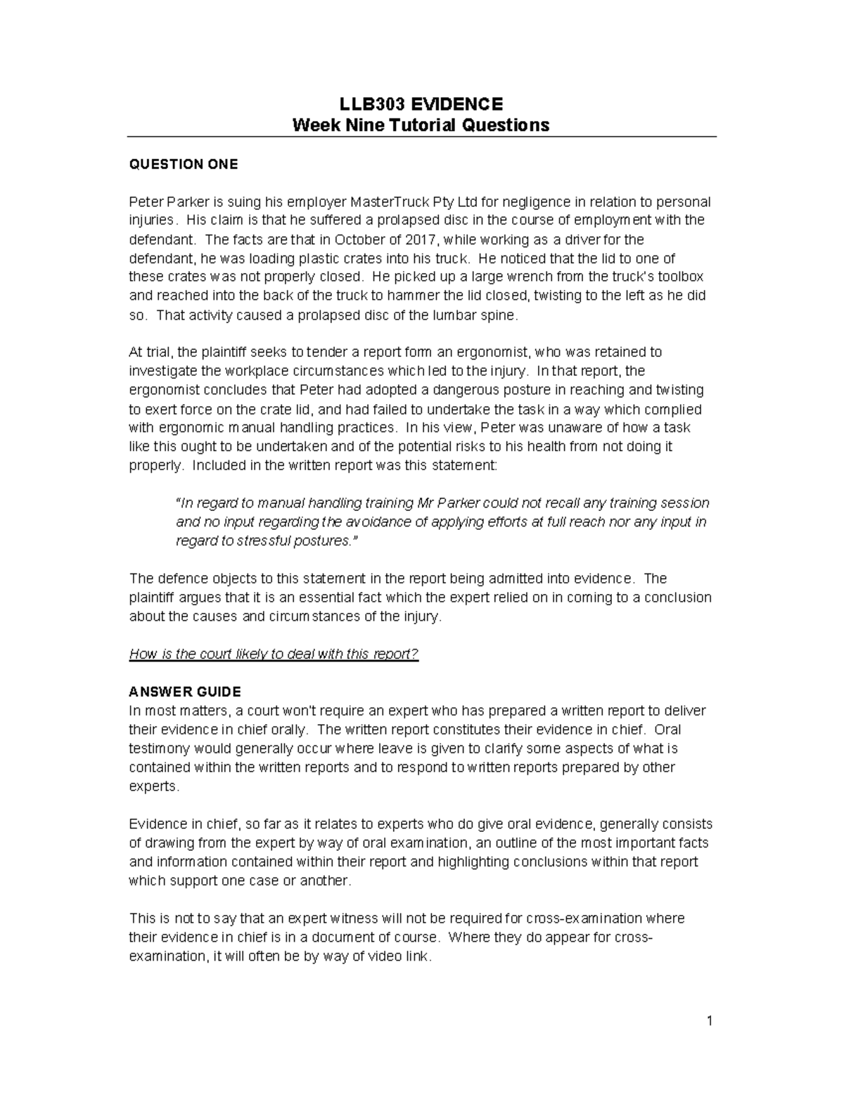 Evidence week 9 answer guide - LLB303 - QUT - Studocu
