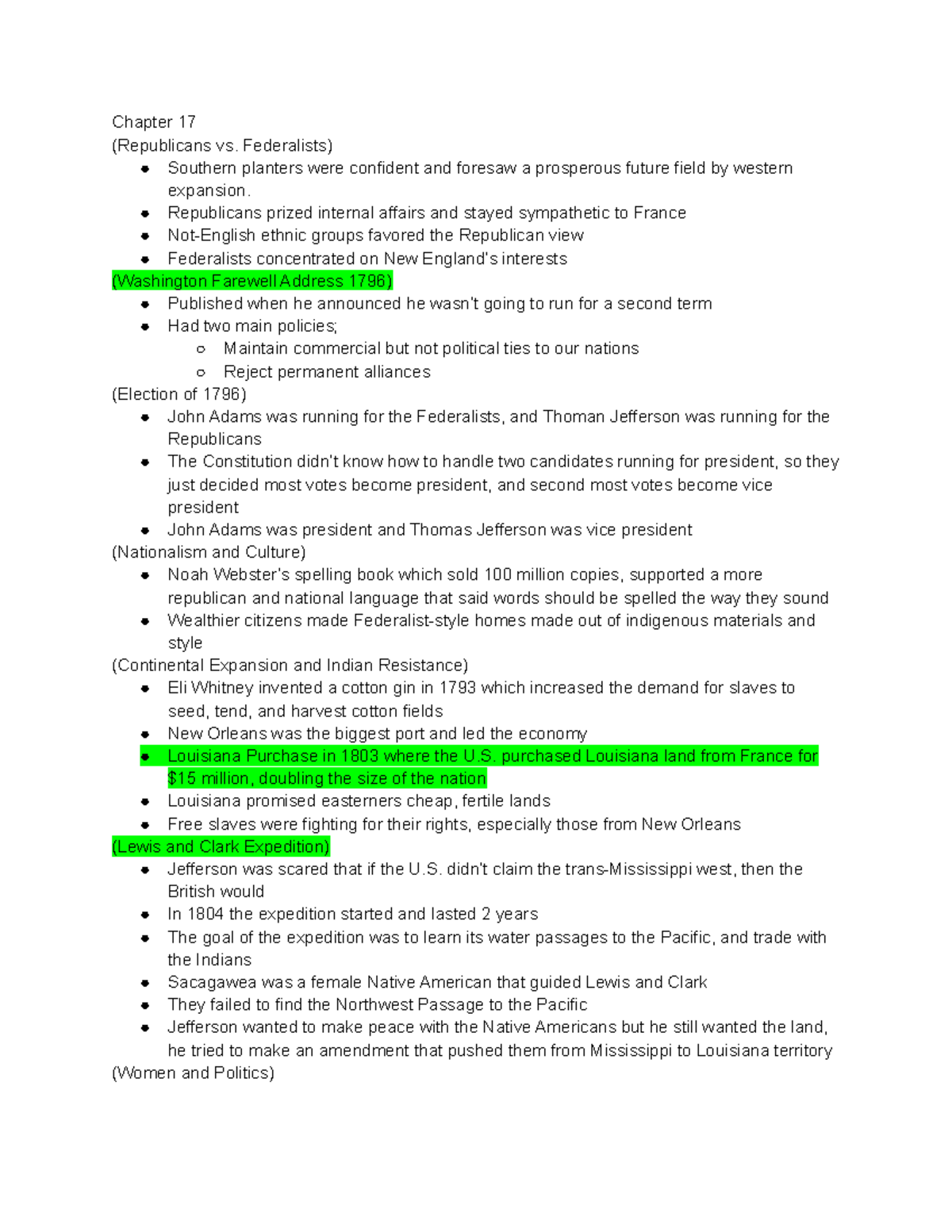 History Final Notes - Chapter 17 (Republicans vs. Federalists) Southern ...