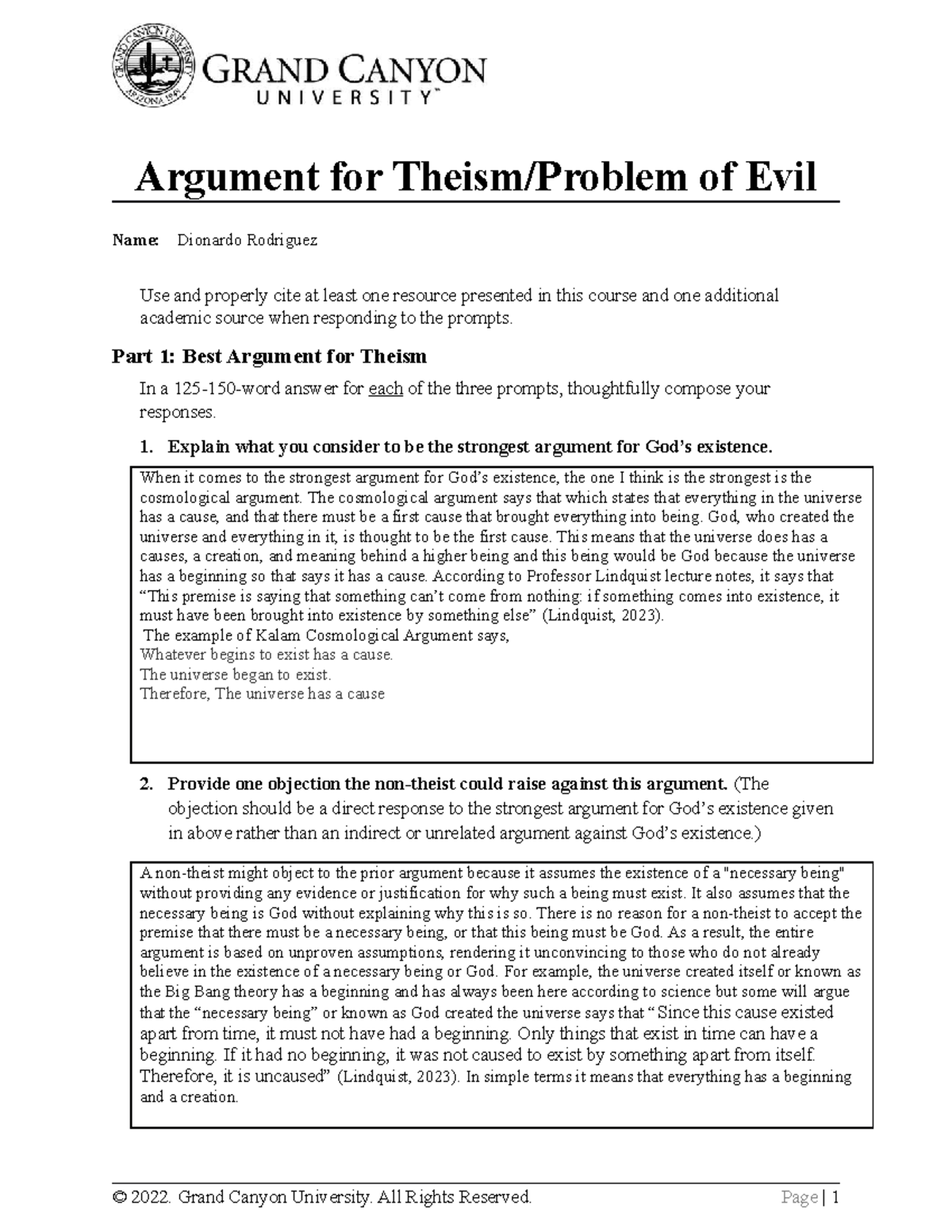 PHI 103 RS T3 Argument for Theism Problem of Evil - Argument for Theism ...