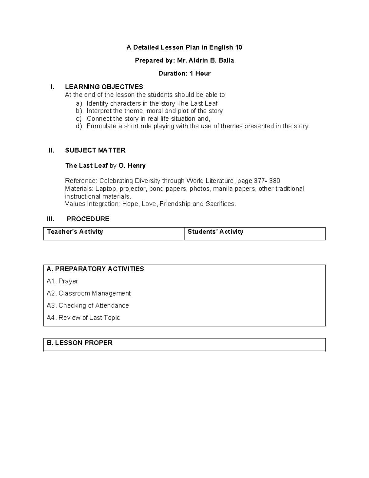 A Detailed Lesson Plan in English 10 - Aldrin B. Balla Duration: 1 Hour ...