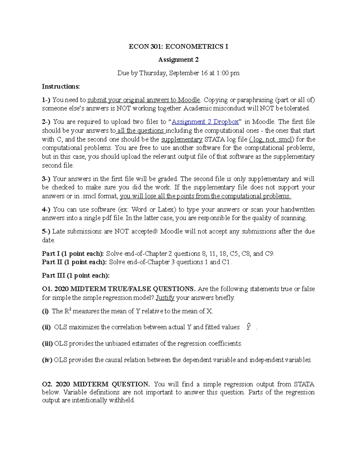 Assignment 2 Fall 2021 Problems only - ECON 301: ECONOMETRICS I Assignment 2 Due by Thursday ...