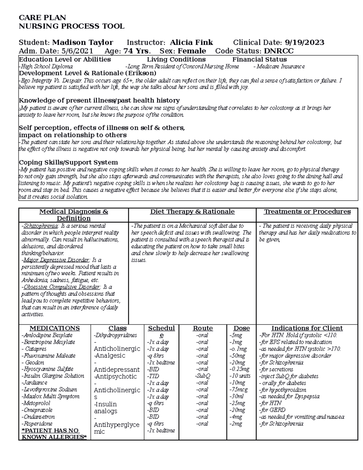 Care Plan Form - n/a. - CARE PLAN NURSING PROCESS TOOL Student: Madison ...