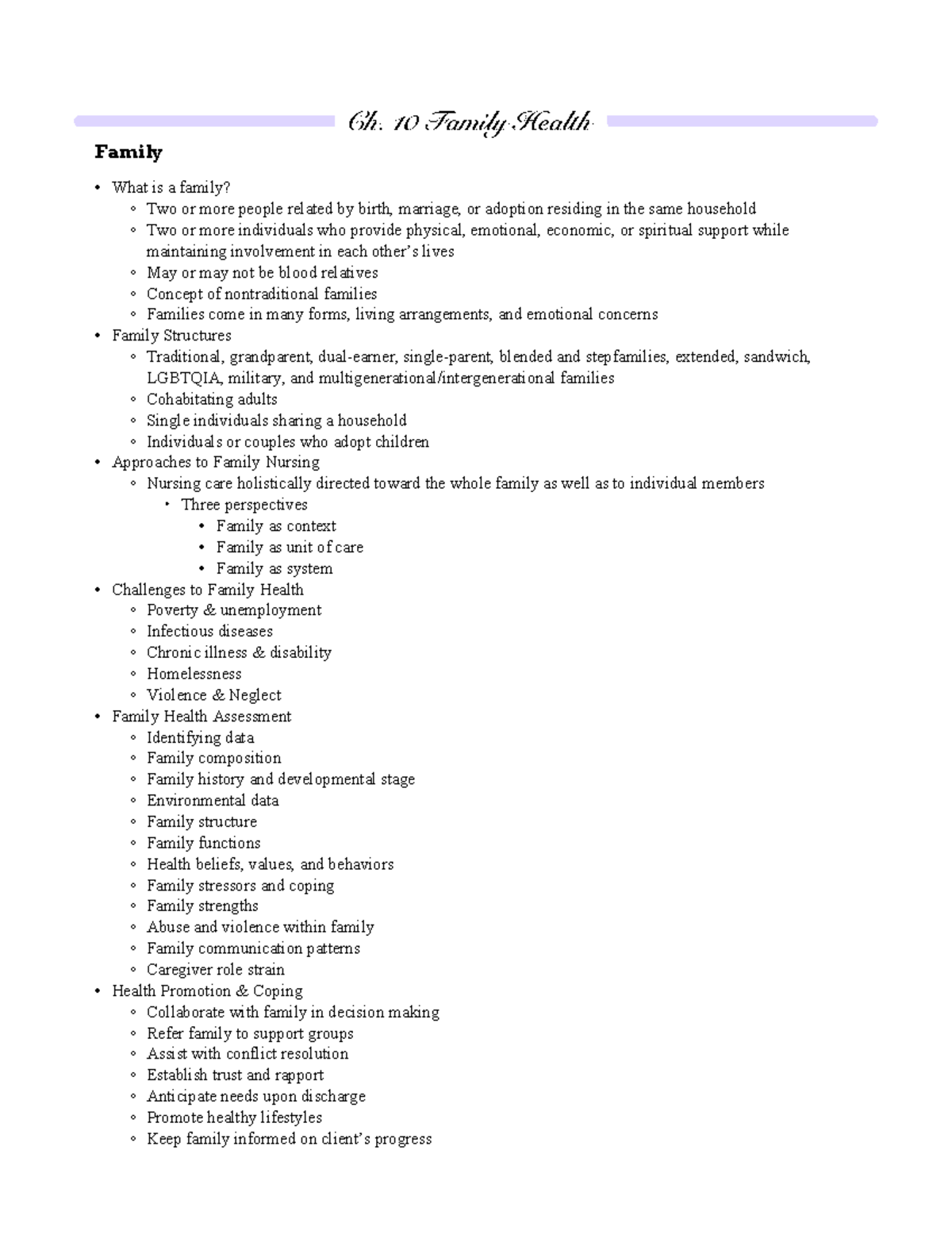 Module 7 Ch. 10, 17, 28, & 37 - Ch. 10 Family Health Family What is a ...