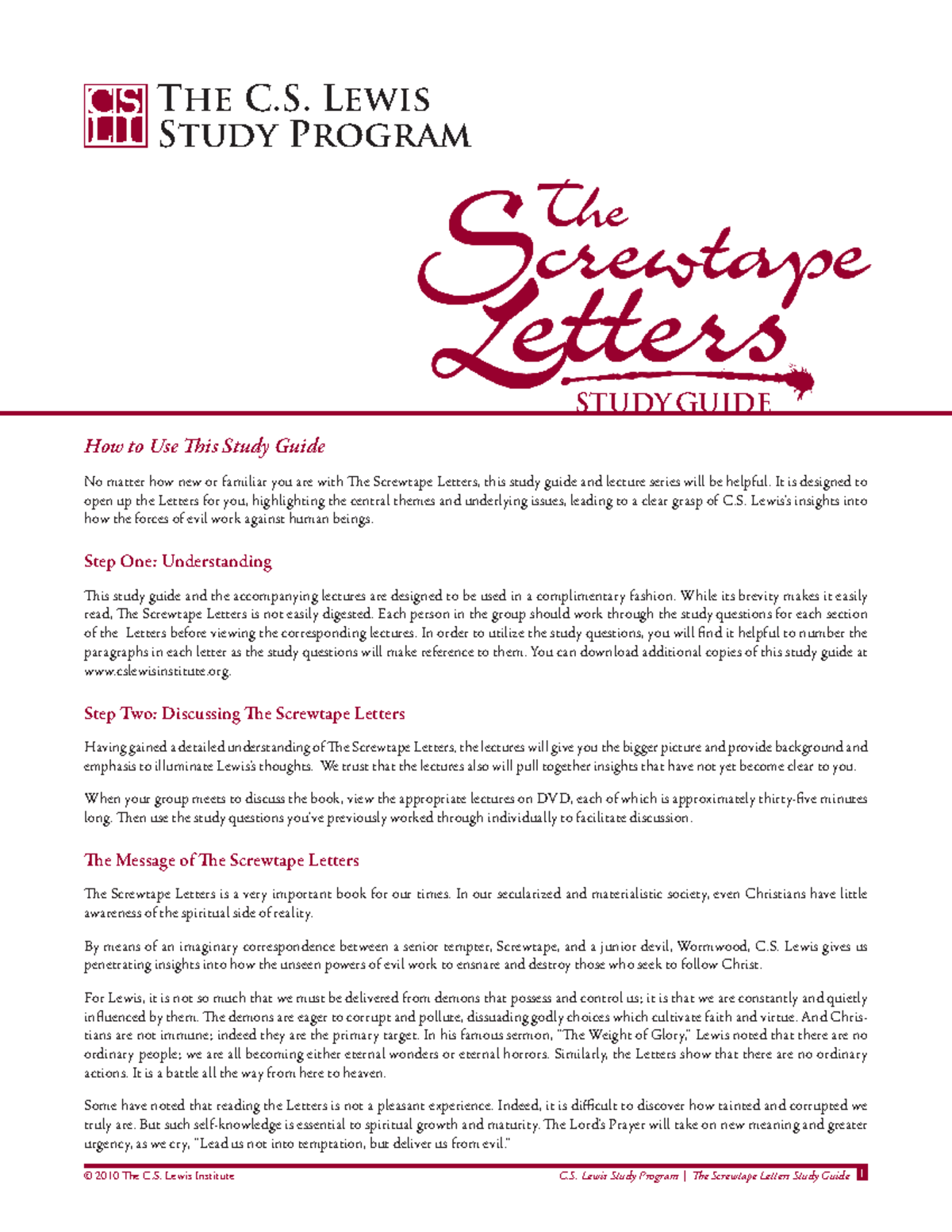 Caleb Ricker - Screwtape Study Guide Web cor - How to Use This Study Guide No matter how new or ...