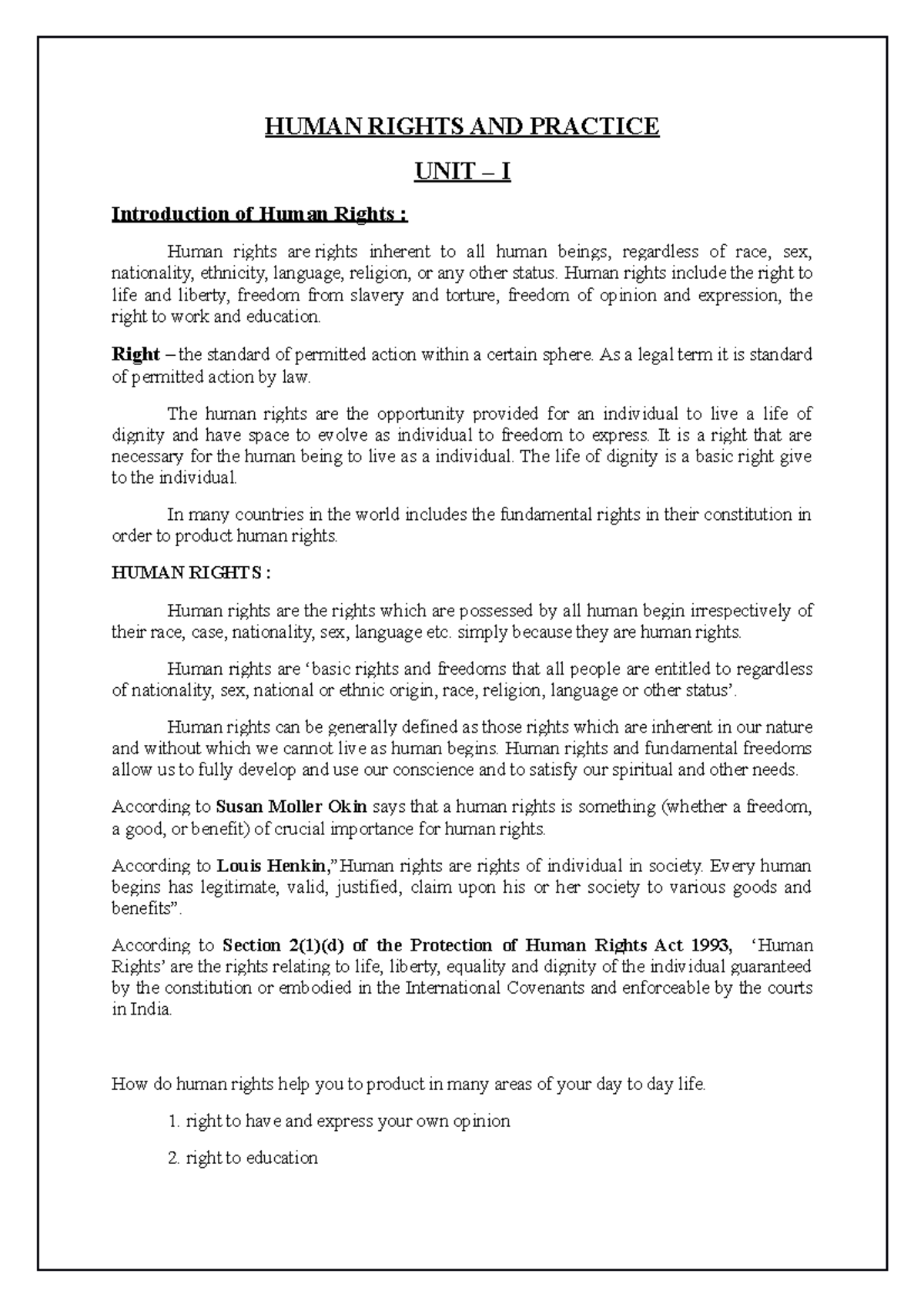 Human Rights and Practice Notes - HUMAN RIGHTS AND PRACTICE UNIT – I ...