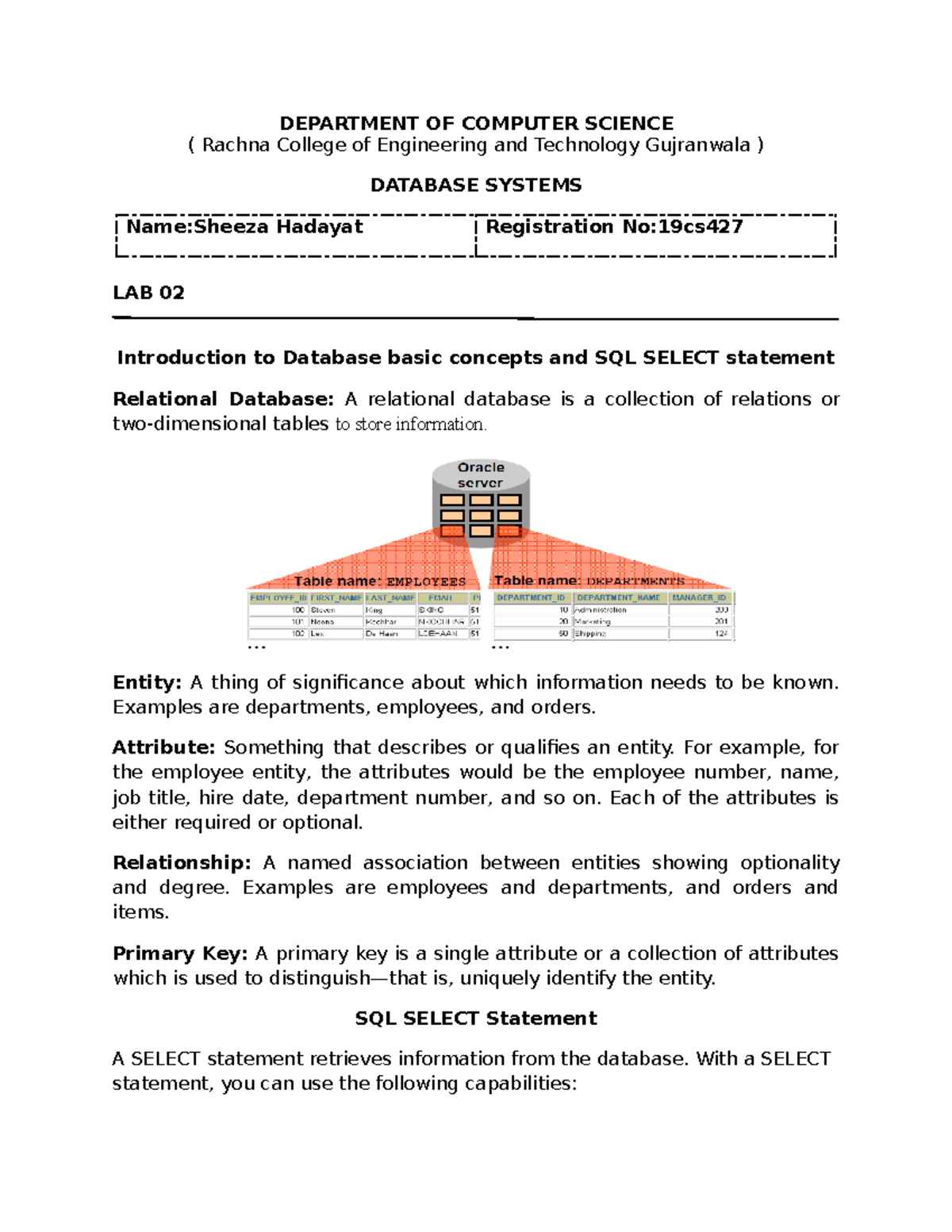 lab assignments of database system - DEPARTMENT OF COMPUTER SCIENCE ( Rachna College of ...