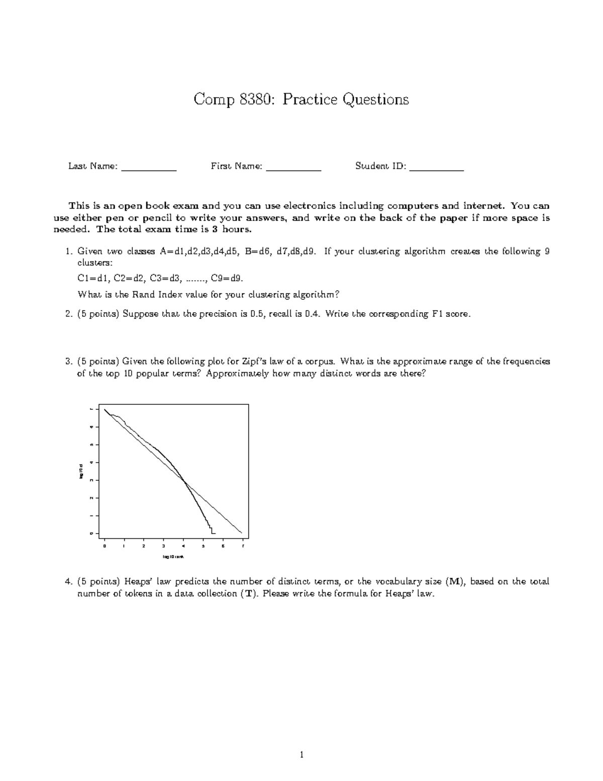 8380 exam practice - Comp 8380: Practice Questions Last Name: First ...