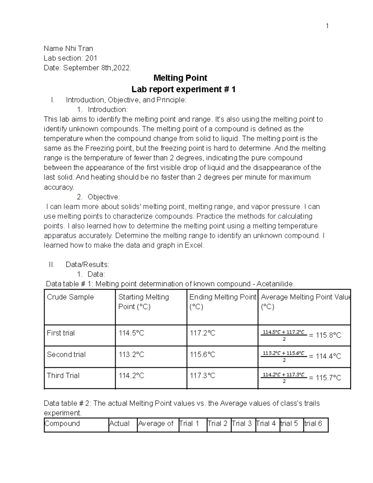 Chemistry lab report #1-1 - Name Nhi Tran Lab section: 201 Date ...