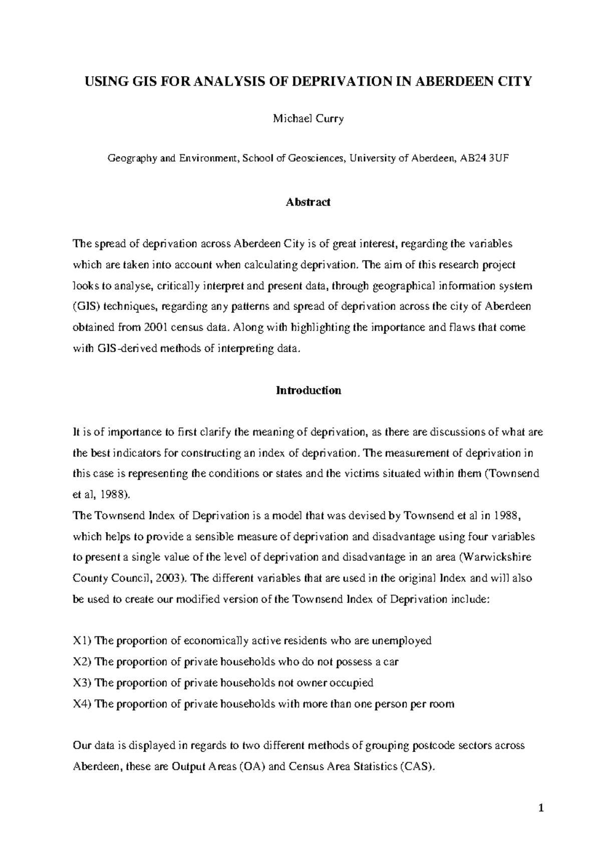 Deprivation Final Report Assignment 2 - USING GIS FOR ANALYSIS OF ...