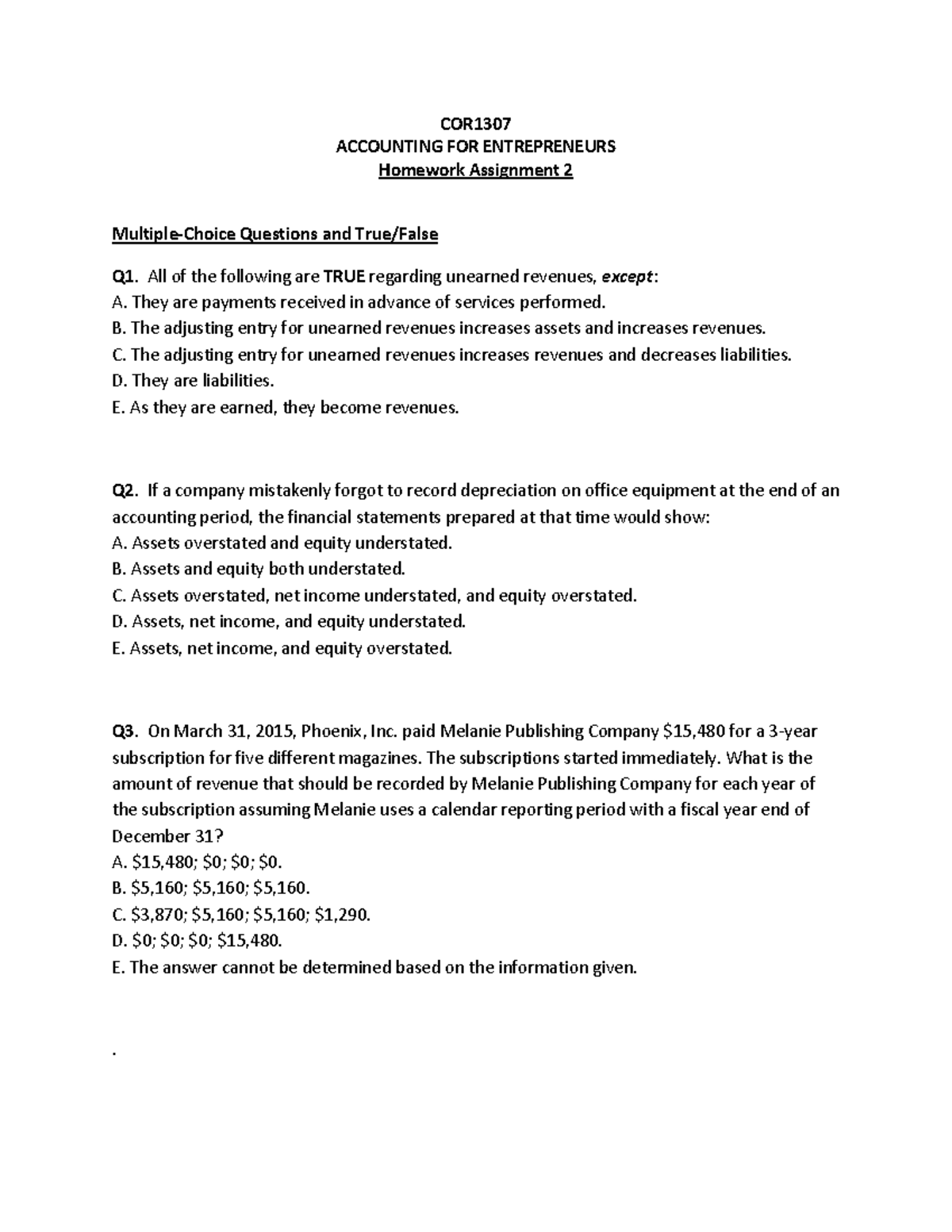 Homework 2 - HW 2 - COR ACCOUNTING FOR ENTREPRENEURS Homework ...