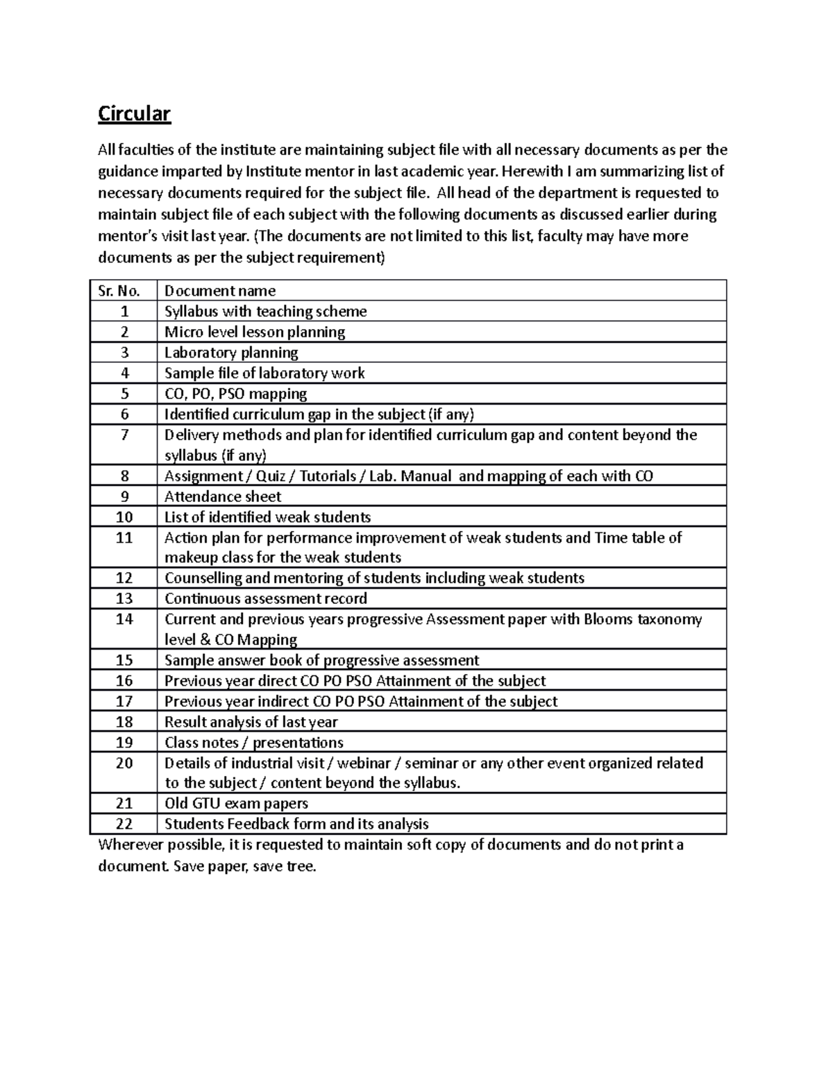 Course file documents list - Circular All faculties of the institute ...