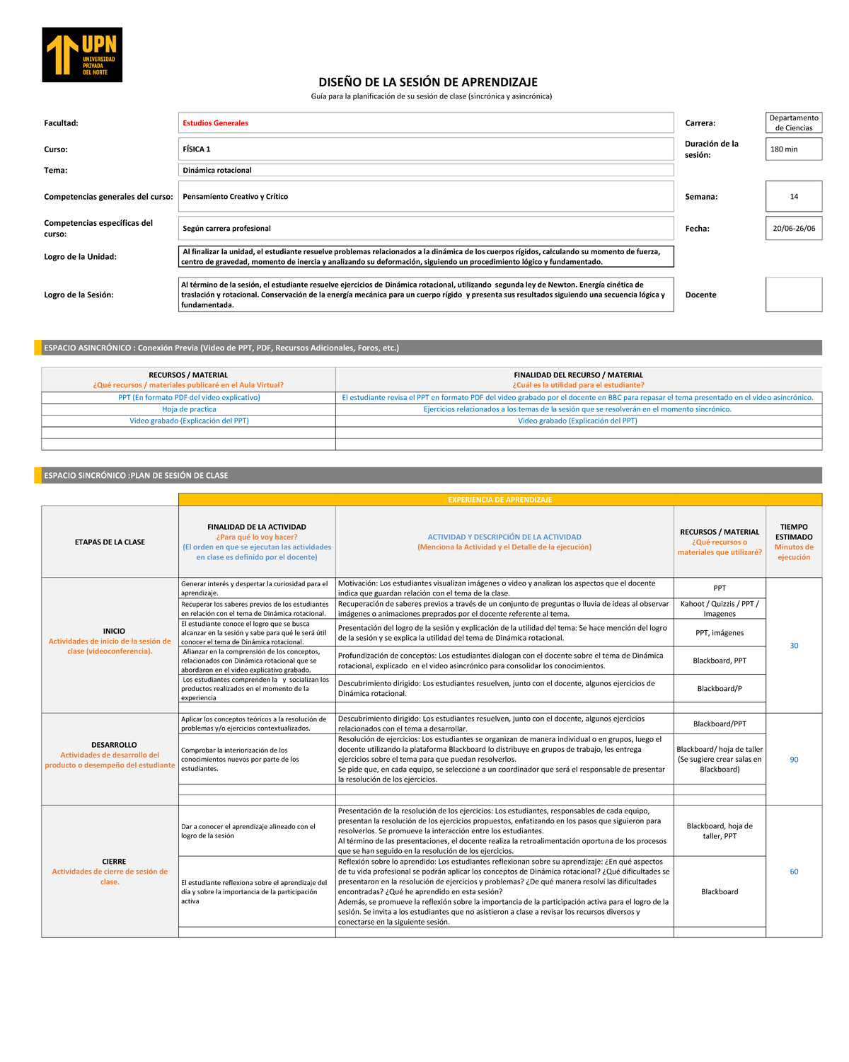 DSA FISI 1 Semana 14 - fisica 1 fisica 2 fisica 3 - DISE—O DE LA SESI”N DE APRENDIZAJE GuÌa para ...