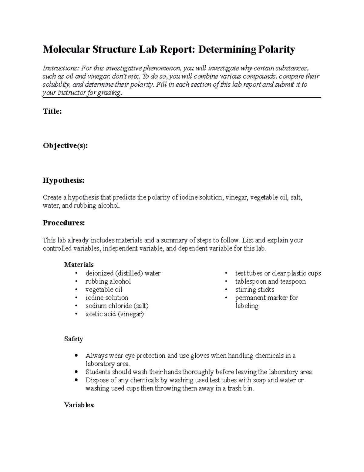 Lab report - Molecular Structure Lab Report: Determining Polarity ...