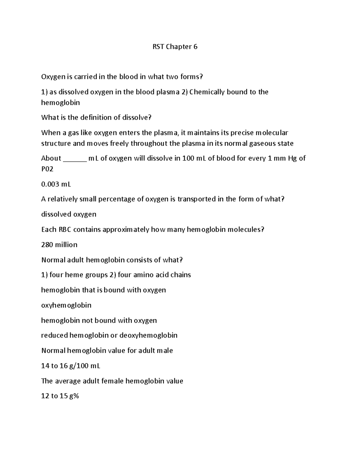 RST 6 - OTC- RST Chapter 6 - RST Chapter 6 Oxygen is carried in the ...