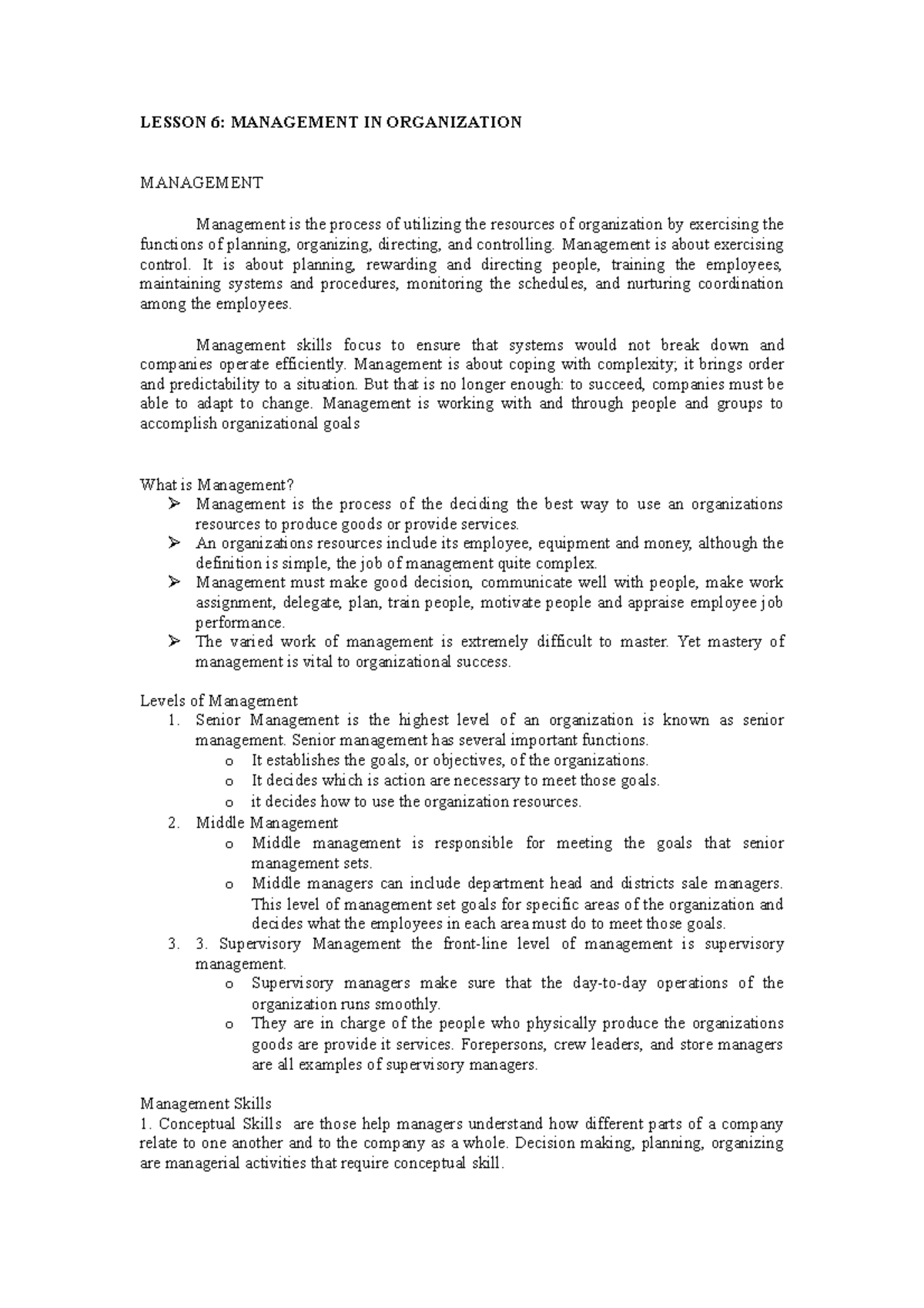 Lesson 6 Management in Organization - LESSON 6: MANAGEMENT IN ...