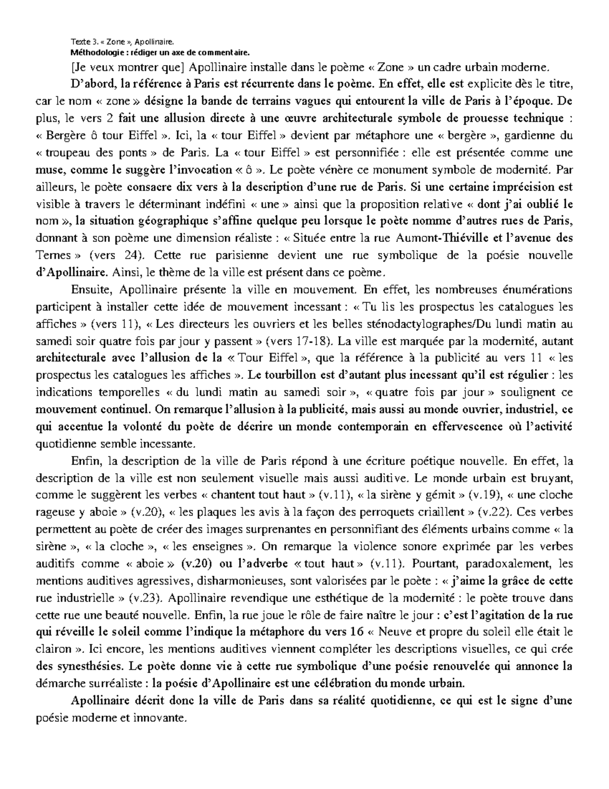 Zone axe de commentaire cadre urbain - Texte 3. « Zone », Apollinaire ...