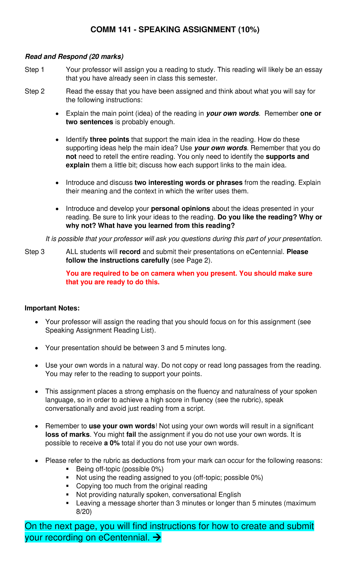 COMM141 - Speaking Assignment Instructions - COMM 141 - SPEAKING ...