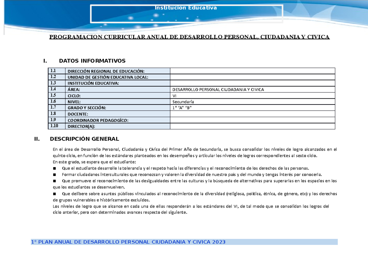Programacion Anual DPCC 1° AÑO 2023 shiip - I. DATOS INFORMATIVOS 1 ...