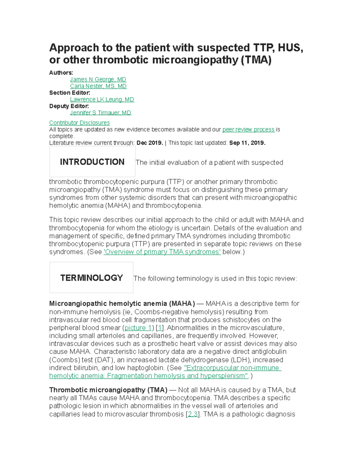 Approach to the patient with suspected TTP - Literature review current ...