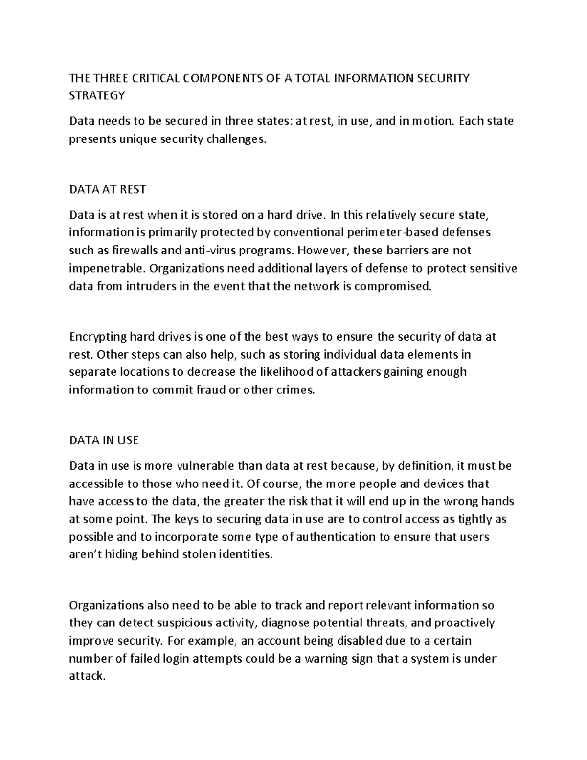 Data in motion ,use,rest - THE THREE CRITICAL COMPONENTS OF A TOTAL ...