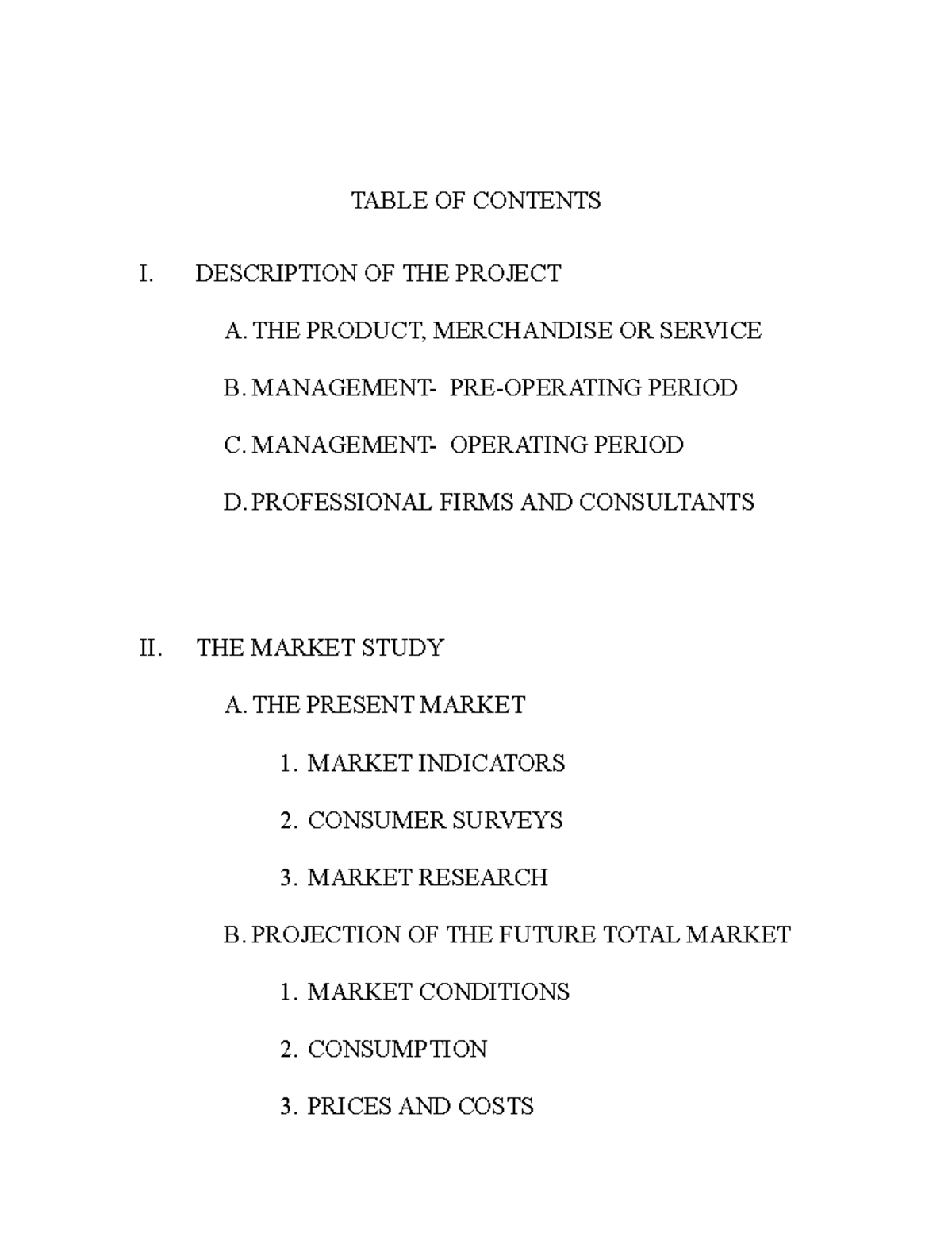 Feasibility Study - lecture notes - TABLE OF CONTENTS I. DESCRIPTION OF ...